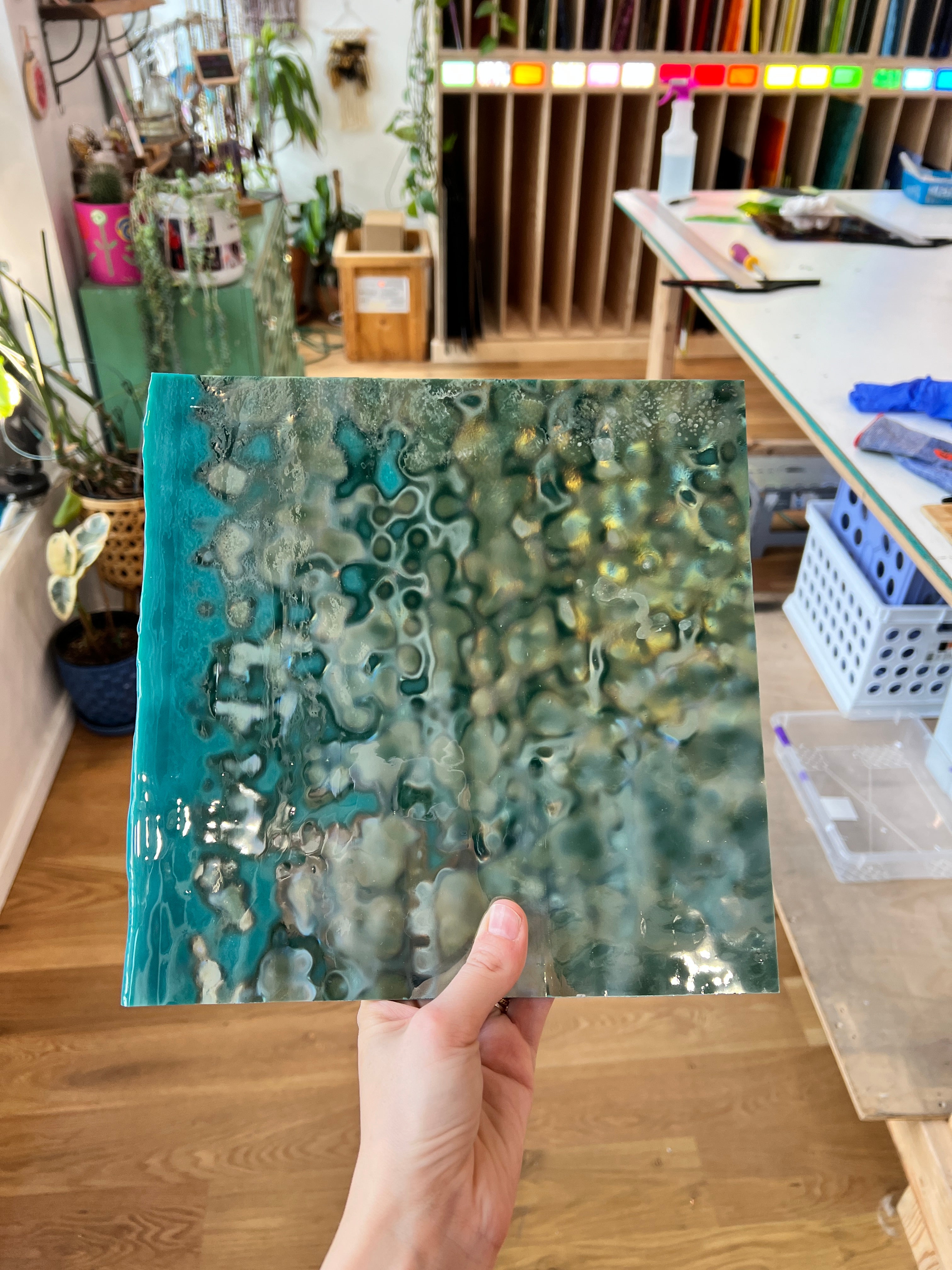 Teal Iridescent Mottled Bullseye (006045-0000-P) – Colorado Glass Works