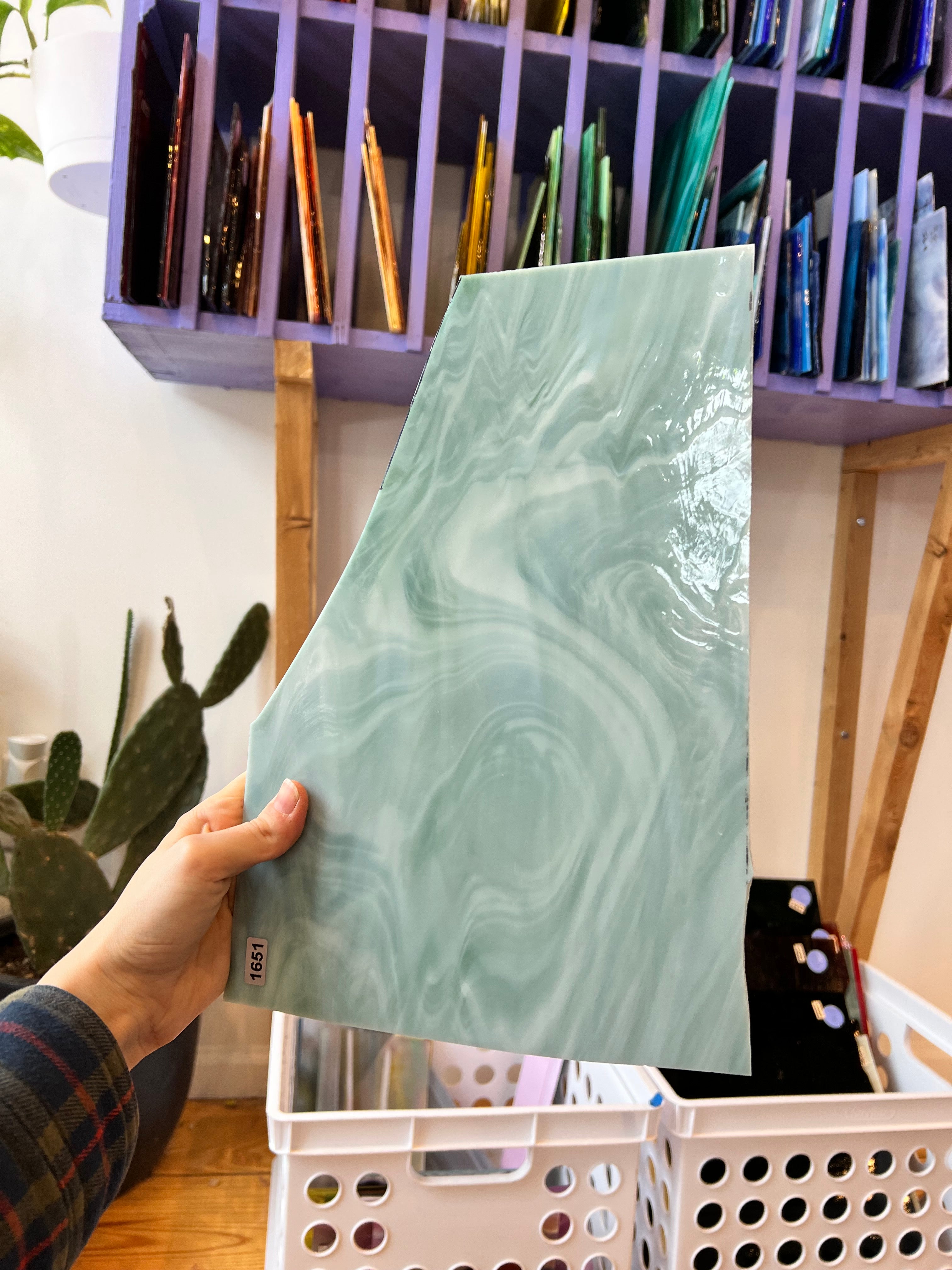 Dusty Green and White Wispy Spectrum – Colorado Glass Works