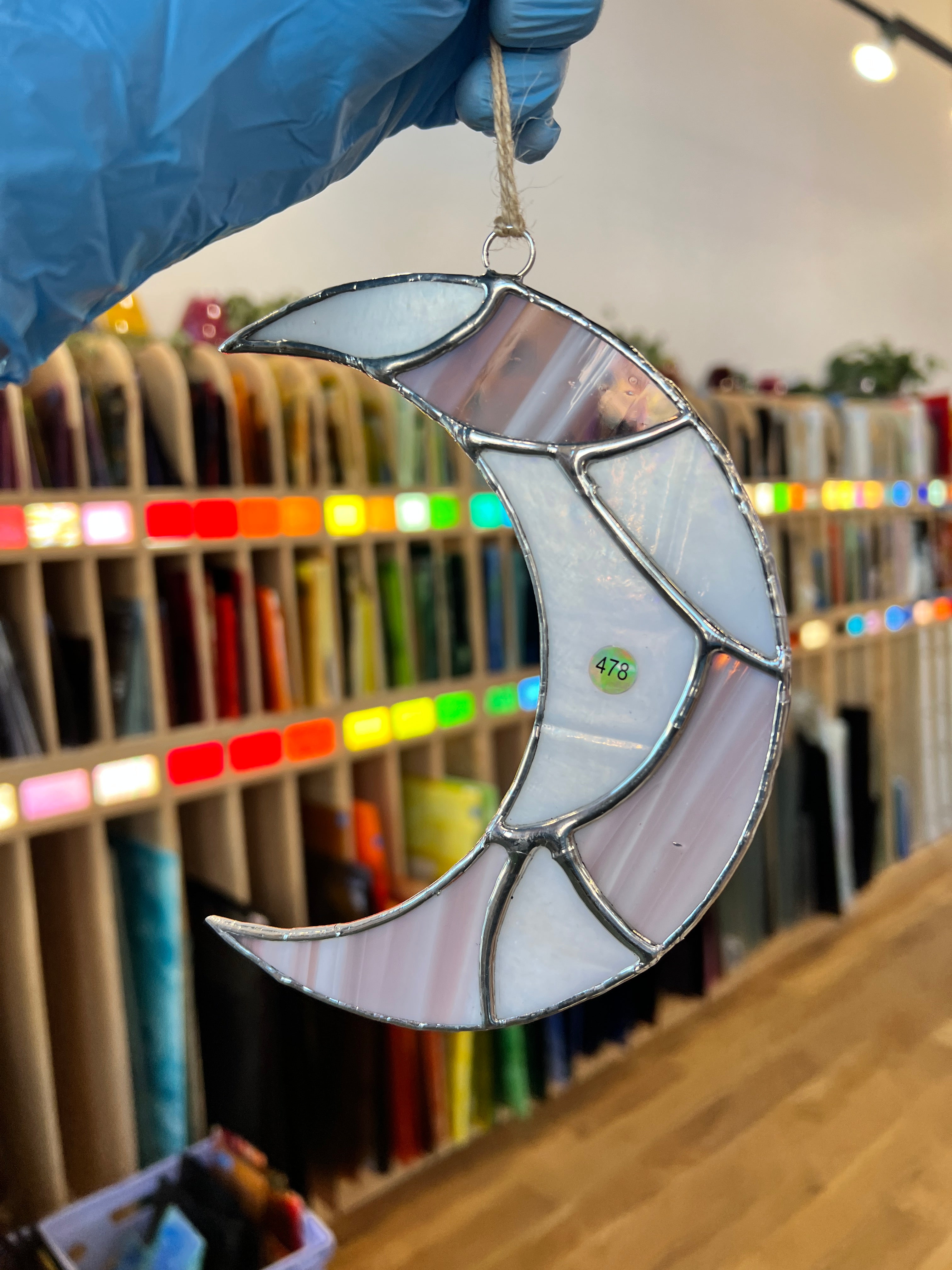 Mauve and White Stained Glass Moon 478 – Colorado Glass Works